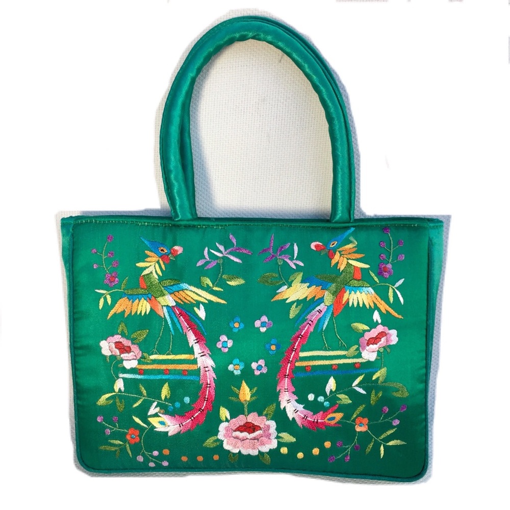 Vtg Chinese Phoenix Bird Floral Embroidery Handbag - Gem